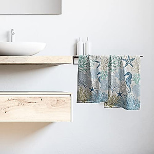 Blue Coral Hand Towels Set of 2 Sea Horse Decorative Bathroom Towels Super Soft Absorbent Towels for Yoga Gym Spa Kitchen 28x14 Inch