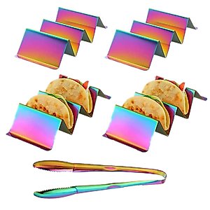 QIBOORUN Taco Holder Stand Set of 4 with 1 Food Tong - Stainless Steel Taco Stand Rack Tray Style, Oven Safe for Baking, Dishwasher and Grill Safe -Rainbow Color