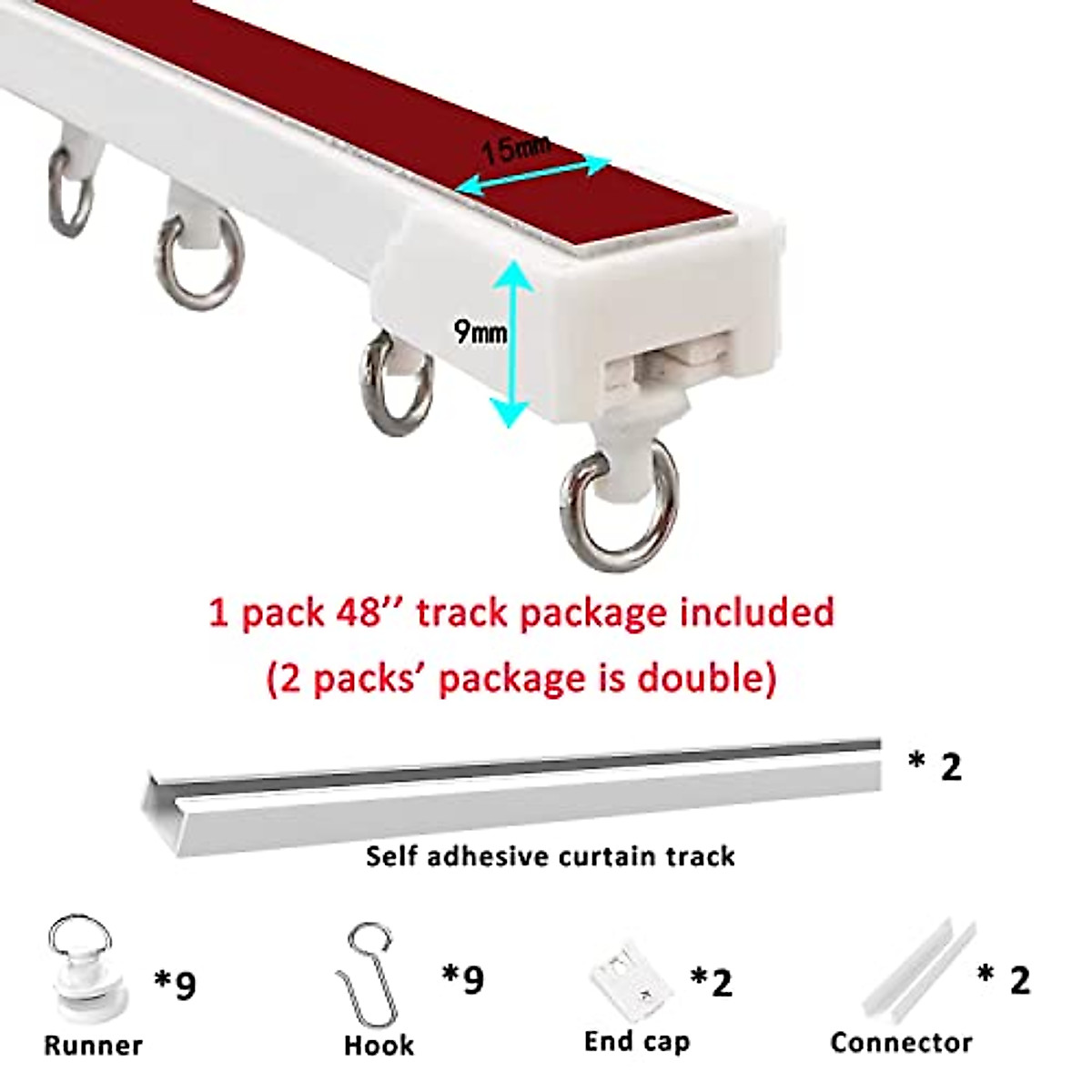 Self Adhesive Ceiling & Wall Curtain Track for Windows 48'', No Drilling, Screws or Tools Curtain Rail for Bedroom, Shower, Closet and RV - Easy to Install Curtain Rod with Curtain Clips