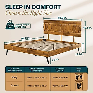 Bme Georgina Queen Bed Frame and Headboard, Handcrafted Geometric Pattern Solid Wood Platform Bed Frame, No Box Spring Needed, 12 Strong Wood Slats Support, Easy Assembly, Teak Brown