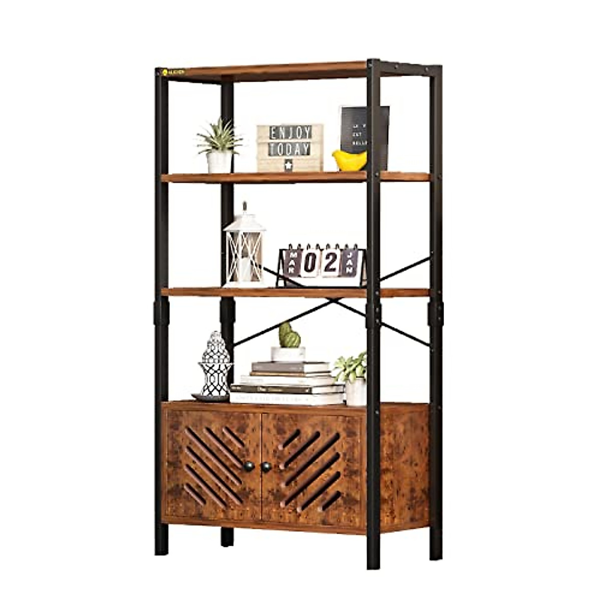 YQ FUNLIS Tall 3-Tier Bookshelf with Doors,Wooden Bookcase with Storage,Standing Display Storage Cabinet Shelves Rustic Bookcase for Home Living Room Bedroom Office