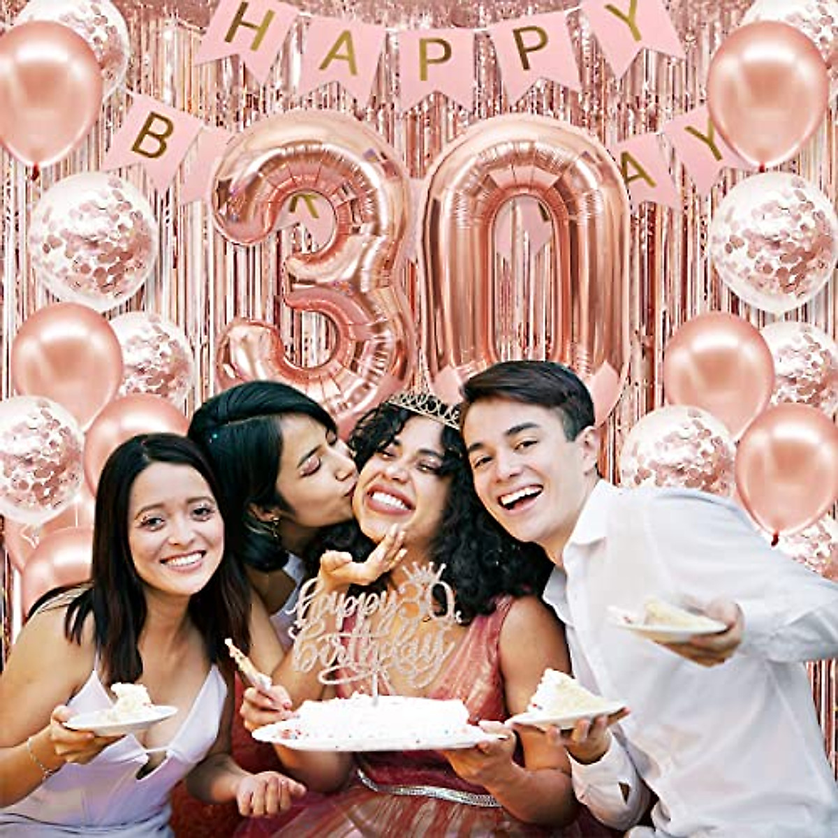 30th Birthday Decorations for Women, Rose Gold 30 Birthday Decorations for Her, Happy 30th Birthday Banner, Crown, Sash, Cake Topper and Number Balloon, 30th Birthday Party Supplies for Women