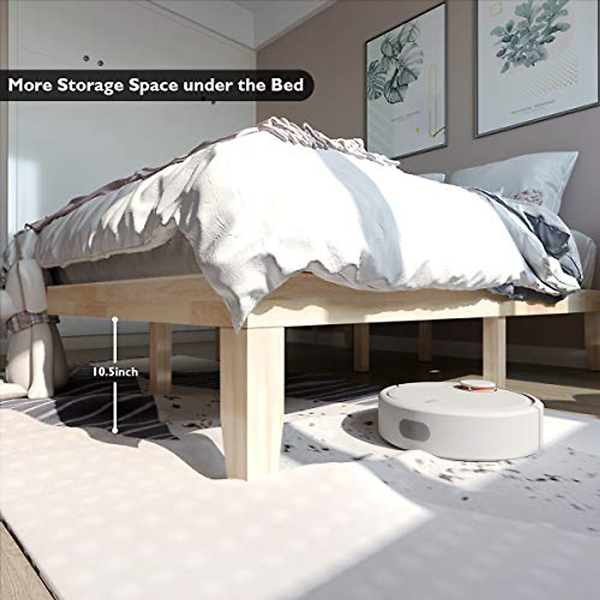 KOMFOTT 14 Inches Wood Platform Bed Frame Queen Size, Solid Wood Mattress Foundation with Rubber Wood Frame, Strong Poplar Wood Slat Support, No Box Spring Needed, Bed Frame (Natural)