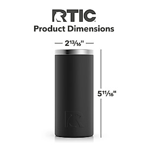 RTIC Skinny Can Cooler Slim, Insulated, Beer, Beverage, Soda Can Cooler with Lid, Stainless Steel Metal, Double Wall Insulation Coozie for Cans, Sweat Proof, Fits all 12oz Slim Cans, Black