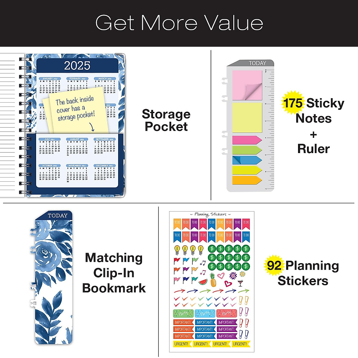 Global Printed Products HARDCOVER 2024 Planner: (November 2023 Through December 2024) 5.5"x8" Daily Weekly Monthly Planner Yearly Agenda Bookmark, Pocket Folder & Sticky Note Set (Blue Bloom)