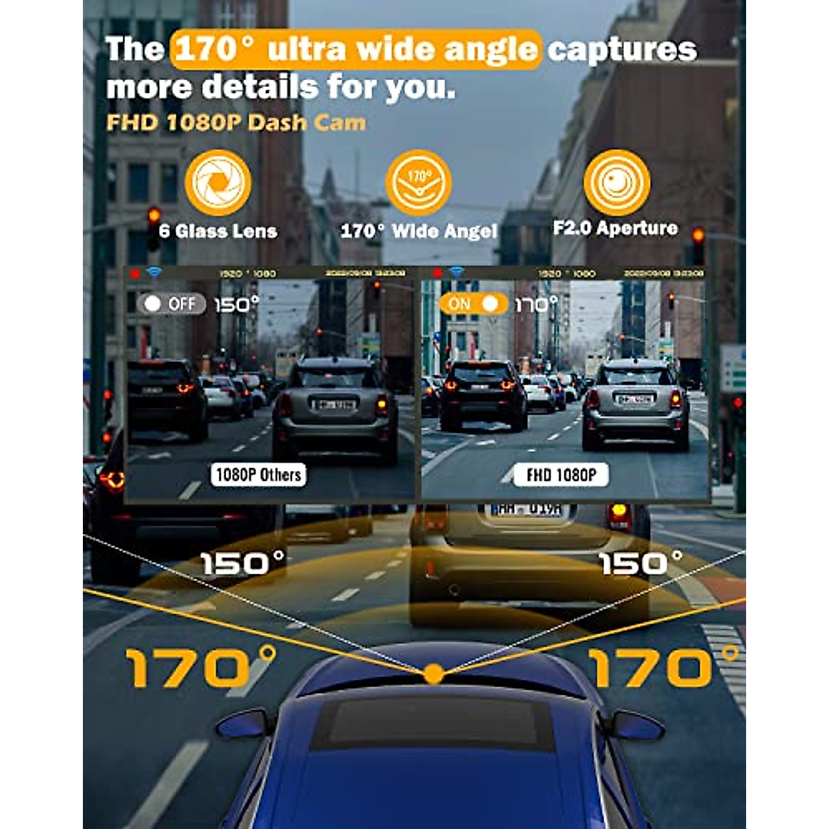 Dash Cam 1080P WiFi Dash Camera for Cars, Dash cam Front with App, Car Camera with Night Vision, 170° Wide Angle WDR, 24 Hours Parking Mode, G-Sensor, Loop Recording, Support 128GB Max - Car Charger