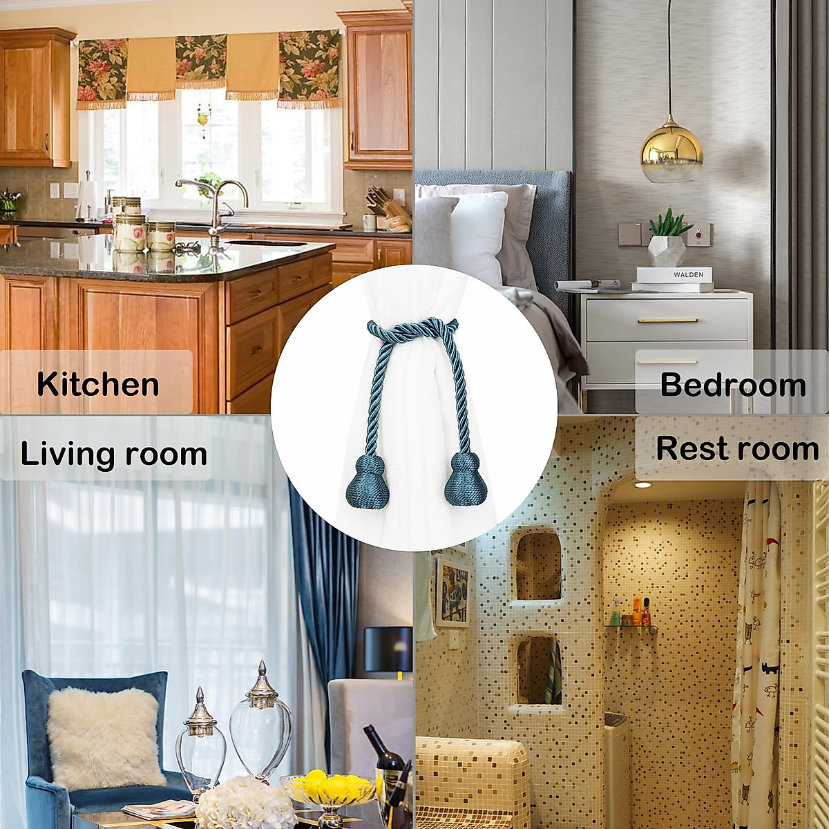 Nieffeiy Magnetic Curtain Tiebacks 2Pack Outdoor Curtain Tie Backs Rope Decorative Magnetic Curtain Holders for Drapes Window Treatment Holdbacks, Blue