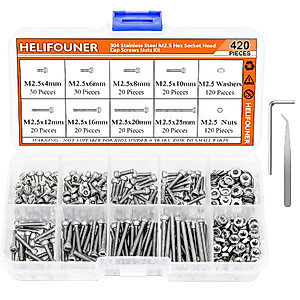 HELIFOUNER 420 Pieces M2.5 x 4mm /6mm /8mm /10mm /12mm /16mm /20mm /25mm, Hex Socket Head Cap Bolts Screws Washers Nuts Kit, 304 Stainless Steel