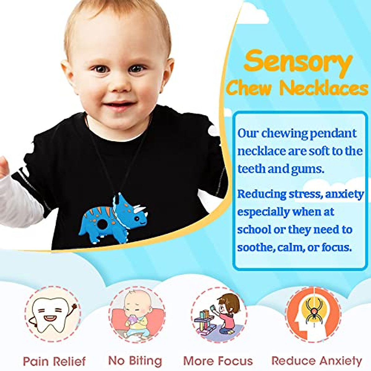 Chew Necklaces for Sensory Kids, 5 Pack Chewy Necklace Sensory for Boys and Girls with ADHD, SPD, Autism, Silicone Autism Sensory Products for Adult Reduce Chewing Anxiety Fidget