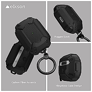 elkson Compatible with AirPods Pro Case, Secure Case Cover with Keychain Hard Shell Protective Bumper Carbon Fiber Full Body Shockproof for AirPod Pro, Black Exia Series Front LED Visible