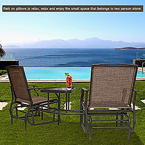 2 Person Patio Double Swing Glider Chair with Center Table and Umbrella Hole, Outdoor Sling Fabric Steel Frame Rocking Chair Set for Garden,Porch,Backyard, Poolside, Lawn,Balcony (Brown)