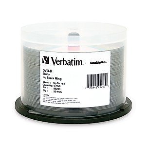 Verbatim DVD-R, 95203, 4.7GB, 16X, DataLifePlus Shiny Silver, 50PK Spindle, TAA [Non - Retail Packaged]