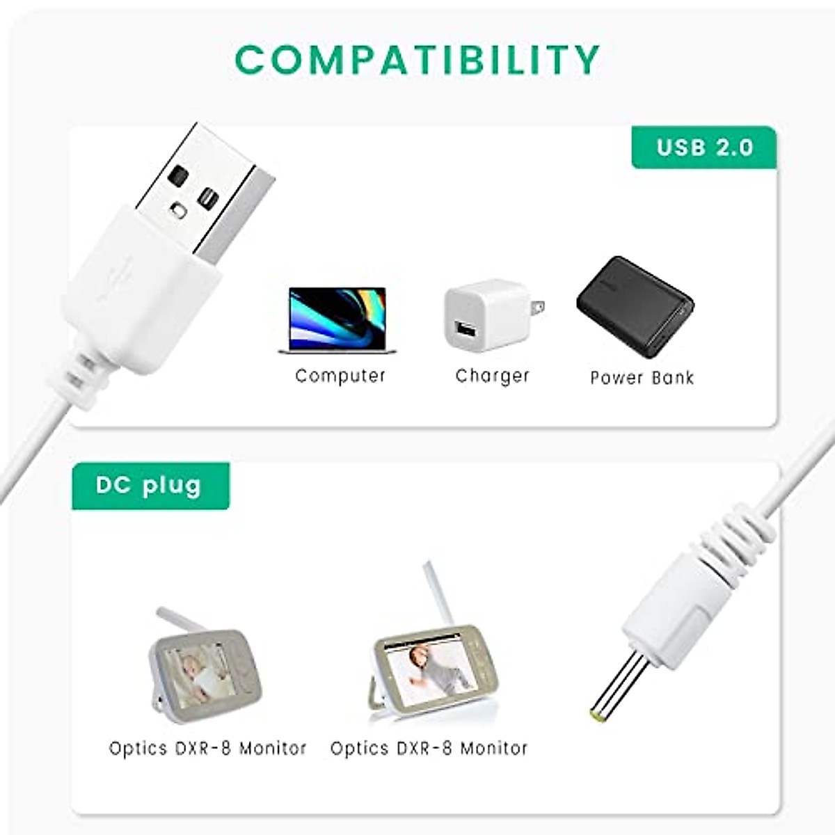 Smays Charger Cable Replacement for Infant Optics DXR-8 / DXR8 PRO Monitor Unit, Round-Pin Power Cord 2-Pack