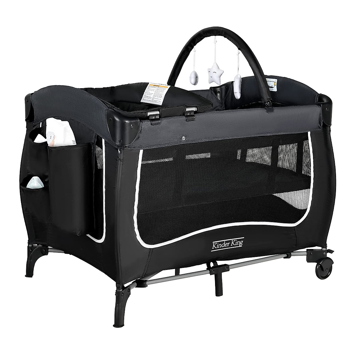 Kinder King 3 in 1 Portable Baby Playard, Foldable Pack n Play, Nursery Center for Infant & Toddler, Removable Mattress, Newborn Changing Table, Travel Bag, Toy Bar, Storage Basket, Black
