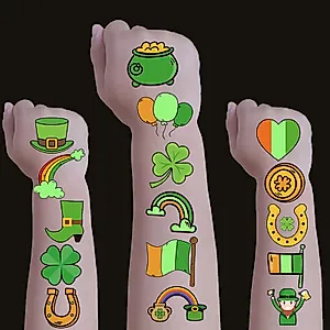Mocossmy St Patrick's Day Temporary Tattoos Stickers,24 Sheets Glow in the Dark Shamrock Irish Flag Pots of Gold Luminous Tattoos for St Patrick's Day Parade Spring Party Favor Supplies Decoration