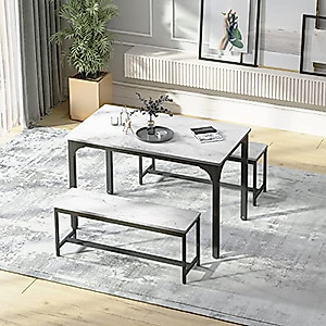 WiberWi Dining Table Set for 4, 47.3” Kitchen Dining Table, 3 Piece Kitchen Table and Chairs for 4, Heavy Duty Dining Room Table with Metal Frame & Faux Marble Tabletop for Kitchen Small Spaces