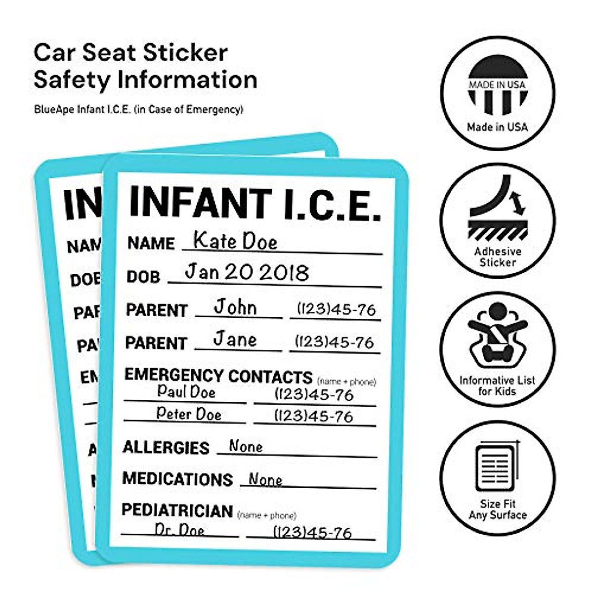 BlueApe ICE Infant Car Seats Medical Information Stickers - Emergency Stickers for Cars - Baby Monitor Car Accessories (Blue, 3 Pack)