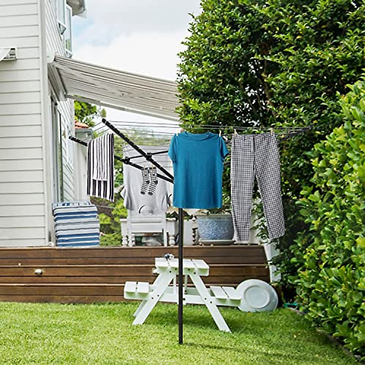 Nisorpa Rotary Outdoor Umbrella Drying Rack Adjustable Height Clothesline w/Waterproof Protective Cover Folding Rotary Dryer with 4-Aluminum Arms and Steel Post | 12-Lines with 165 ft. Clothesline