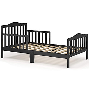 HONEY JOY Toddler Bed Frame, Solid Rubber Wood Frame w/Safety Guardrail, Fits Crib Full Size Mattress (Not Included), Children Classic Sleeping Bedroom Furniture for Kids Boys Girls (Black)