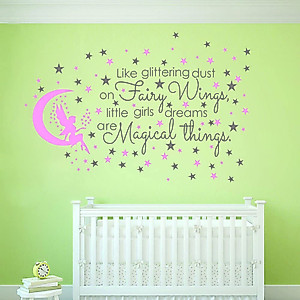 ANFRJJI Fairy and Dream Wall Sticker - Removable PVC Decal with Glittering Wings and Magical Quote - Fairy Moon and Stars Wall Art for Girls Bedroom, Kids Room -effect 24"x35"inch (Gray-JWH290-Fairy
