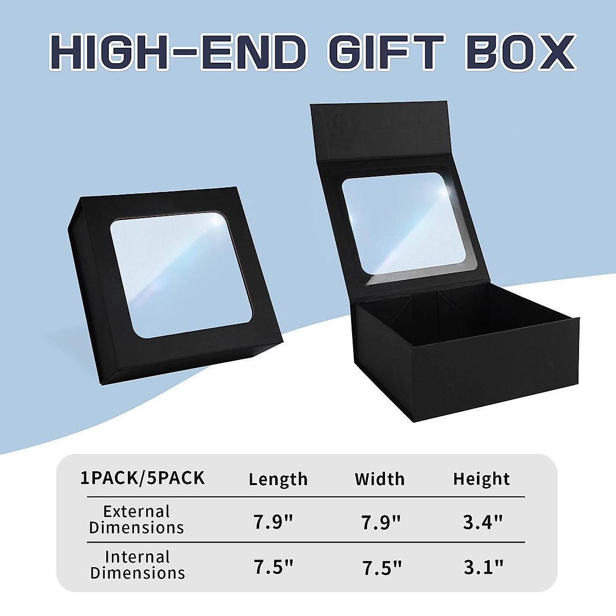 Black Gift Box with Window,7.5"x7.5"x3.1" Bridesmaid Box for Gift Giving,Birthday Gift Box with Magnetic,Closure Lid Gift Box for Presents,Cute Box,Luxury for Gift Packaging,Gift Box for Wrapping Gifts