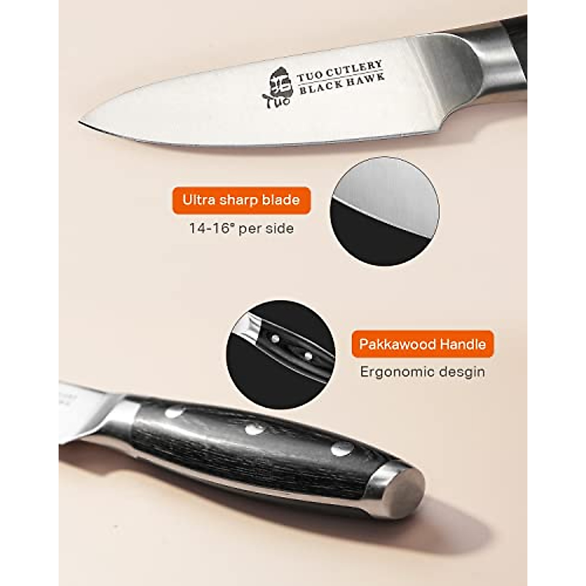 TUO Paring Knife 3.5 inch Fruit Peeling Knife Ultra Sharp Kitchen Chef Knife - German HC Steel Full Tang Pakkawood Handle - BLACK HAWK SERIES with Gift Box