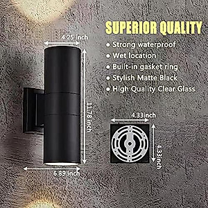 XINGGUANG MINGREN 2-Pack LED Outdoor Wall Sconces, Matte Black Aluminum Wall Lights Up Down Cylinder, Exterior Light Fixture for Garden & Porch