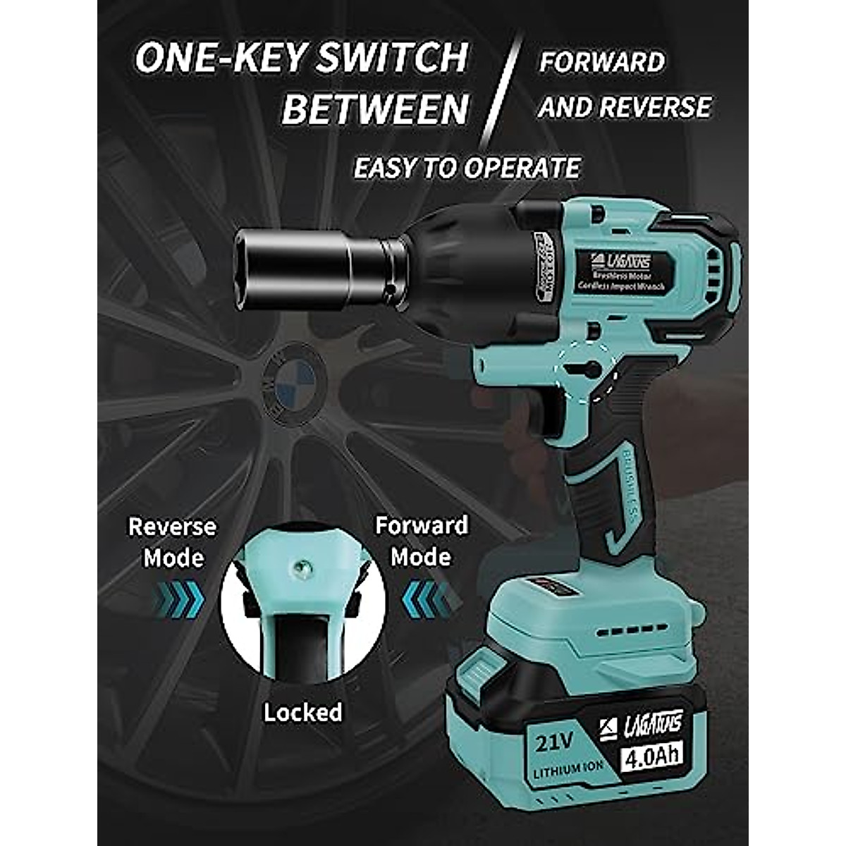 Cordless Impact Wrench,1/2 Impact Gun，850NM(627ft·lbs) High Torque 2200 RPM,Brushless Motor，with a 10C 4.0Ah Li-Ion Battery and Fast Charger，Suitable for family cars，Construction work on site