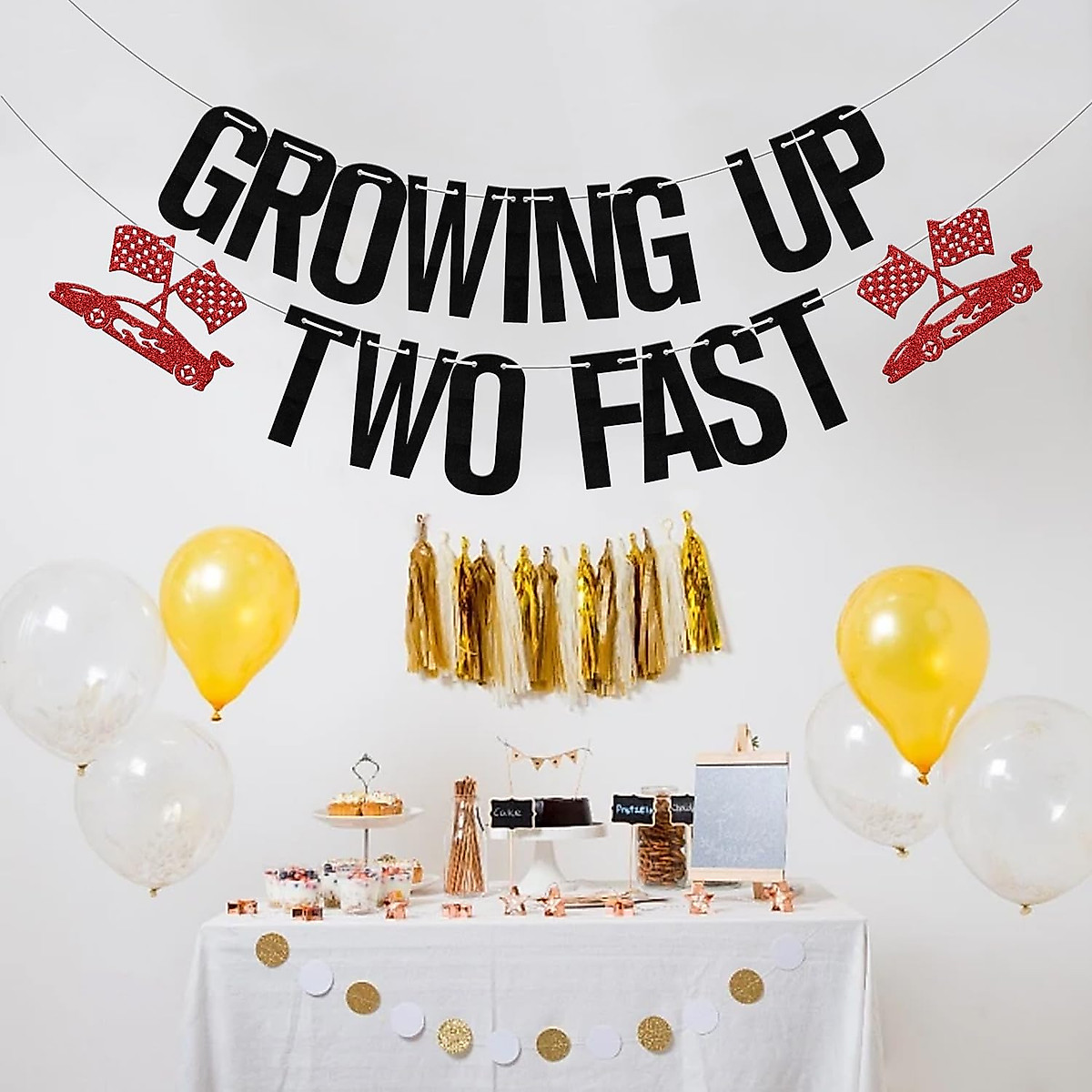 Growing Up Two Fast Banner, Happy 2nd Birthday Decorations, Race Car Theme Party Decors, Racing Party Second Birthday Party Supplies Black Red Glitter