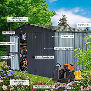 Domi Backyard Storage Shed 11’ x 9’ with Galvanized Steel Frame & Windows, Outdoor Garden Shed Metal Utility Tool Storage Room with Lockable Door for Patio(Dark Gray)