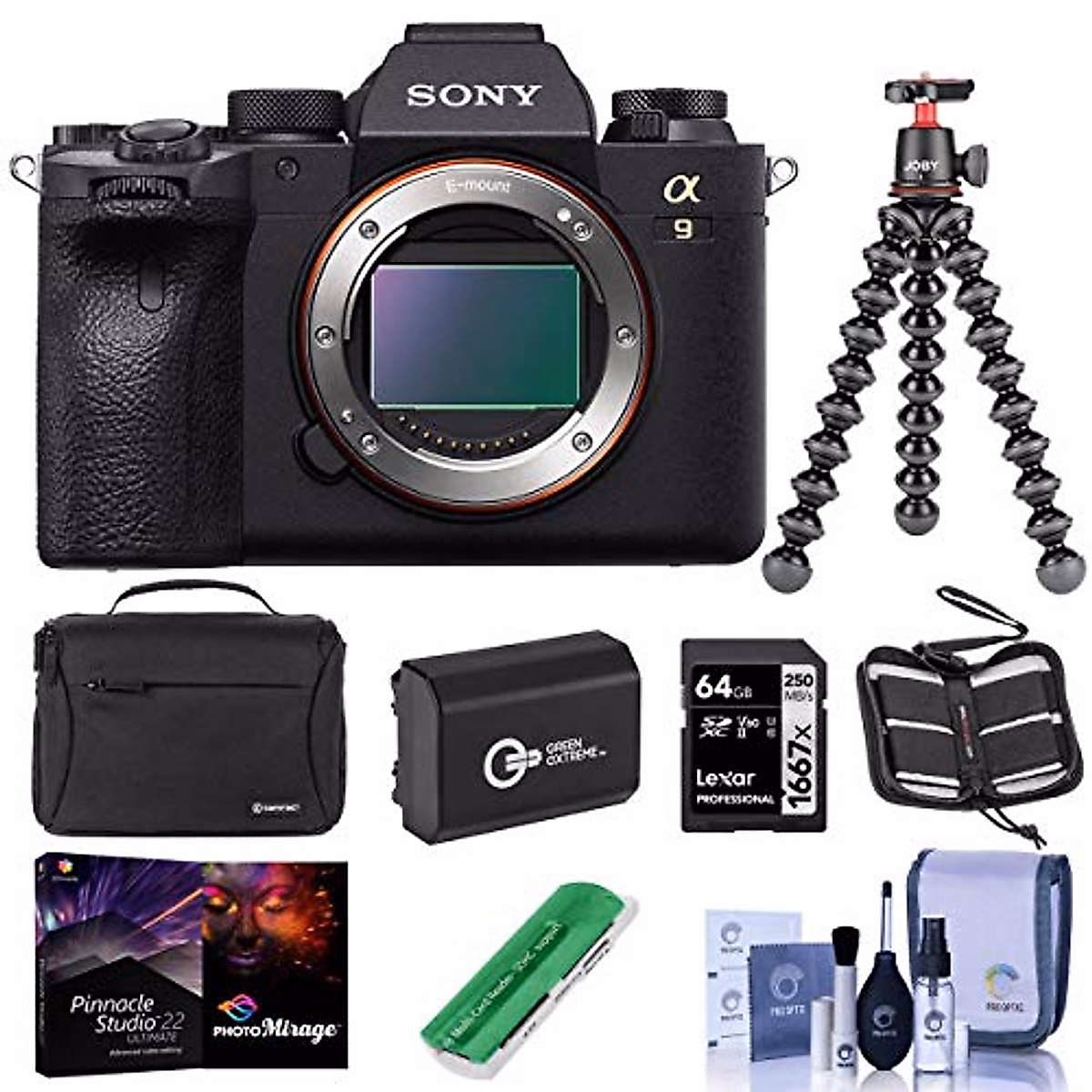 Sony Alpha a9 II Mirrorless Digital Camera Body - Bundle with Camera Case, Joby GorillaPod 3K Kit Black, Spare Battery, 64GB SDXC Card, Cleaning Kit, Memory Wallet, Card Reader, PRO PC Software
