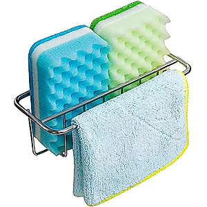 KESOL Adhesive Kitchen Sink Sponge Holder + Dish Cloth Hanger + Soap Holder, 2-in-1 Kitchen Sink Caddy, 304 Stainless Steel Rust Proof, Water Proof, No Drilling (Silver)