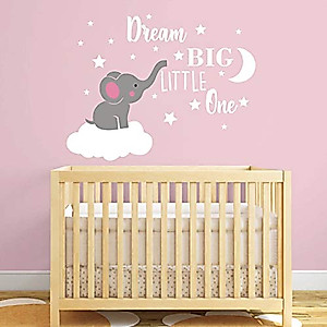 Dream Big Little One Elephant Wall Decal, Quote Wall Stickers, Baby Room Wall Decor, Vinyl Wall Decals for Children Baby Kids Boy Girl Bedroom Nursery Decor Y42 (Soft Pink, White(Girl))