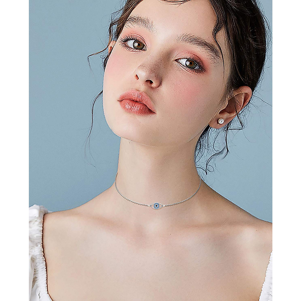 Alphm S925 Sterling Silver Evil Eye Choker Short Dainty Adjustable Pendant Necklac for Women Jewelry