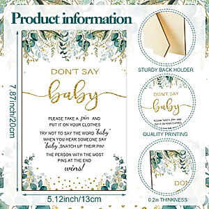 Patelai 321 Pcs Baby Shower Games Supplies, 5 Sets (50 Cards Each) Activities Cards with 20 Pencils 1 Don't Say Baby Sign 50 Clothespin(Greenery)