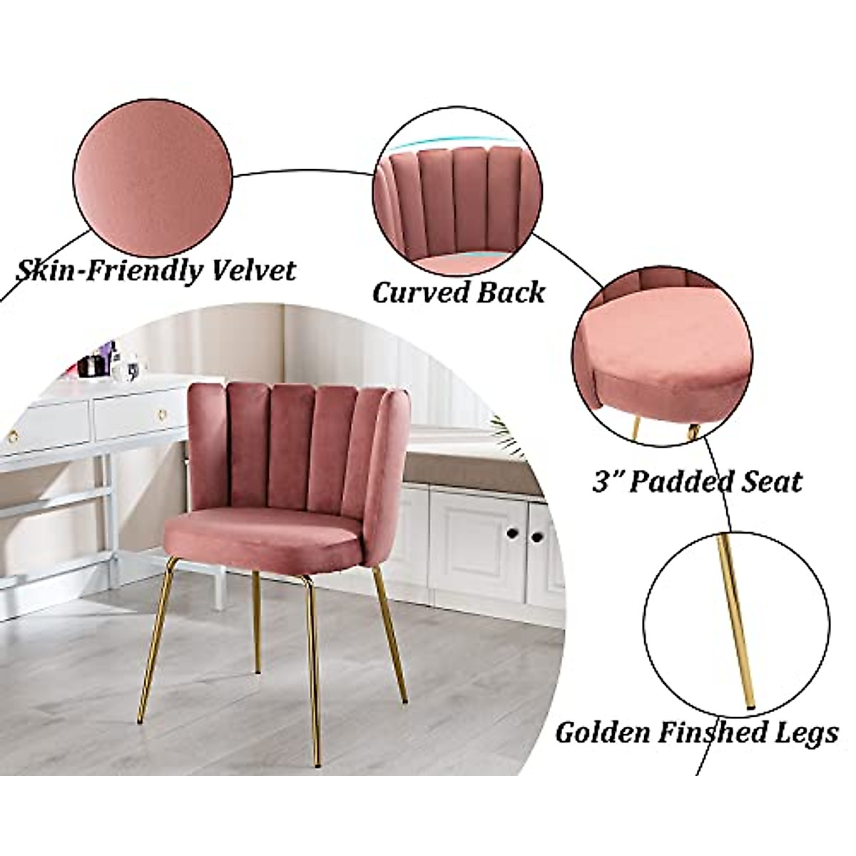 DM Furniture Velvet Dining Chairs Set of 2 Modern Accent Chair Upholstered Side Chair with Gold Metal Legs for Home Kitchen Living Room, Pink