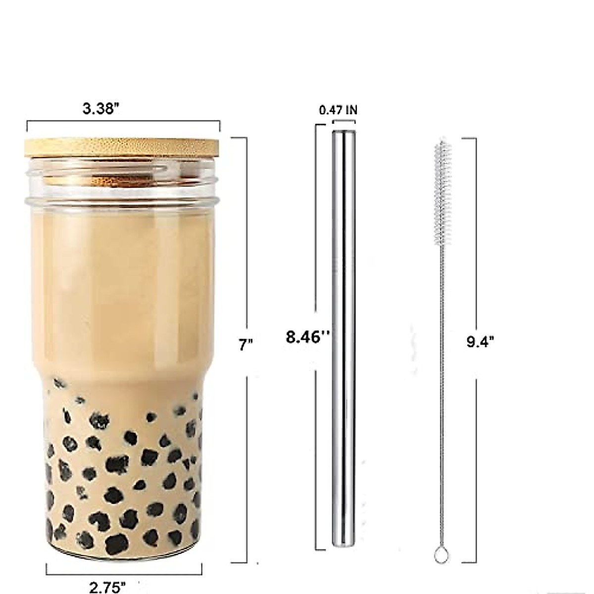 4 Pack Glass Cups with Bamboo Lids and Straws,22 oz Glass Tumbler with Straw and Lid,Reusable Boba Cup Smoothie Cup Iced Coffee Cup Wide Mouth Mason Jar Cups Drinking Glasses for Bubble Tea,Juice,Gift