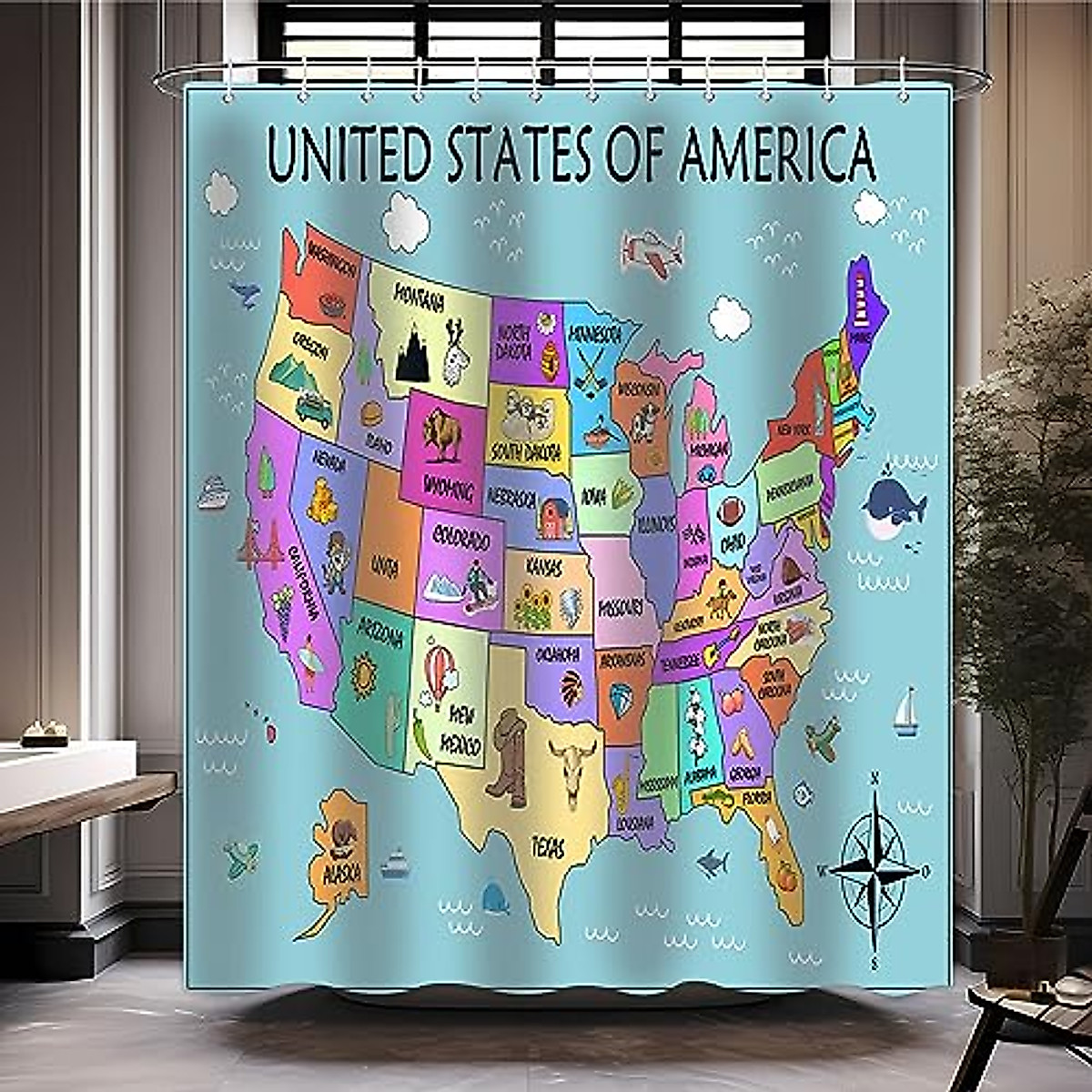 DLTAY United States Map Shower Curtain, USA Shower Curtain Cartoon Animal US Map Kids Educational Shower Curtain Set Waterproof Bath Tub Curtain Bathroom Decor with 12 Hooks, 72x72 inches