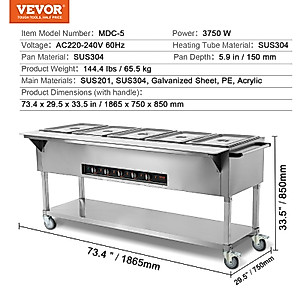 VEVOR 5-Pan Commercial Food Warmer, 5 x 20.6QT Electric Steam Table, 3750W Professional Buffet Catering Food Warmer with 4 Wheels (2 Lockable), Food Grade Stainless Steel Server for Party Restaurant