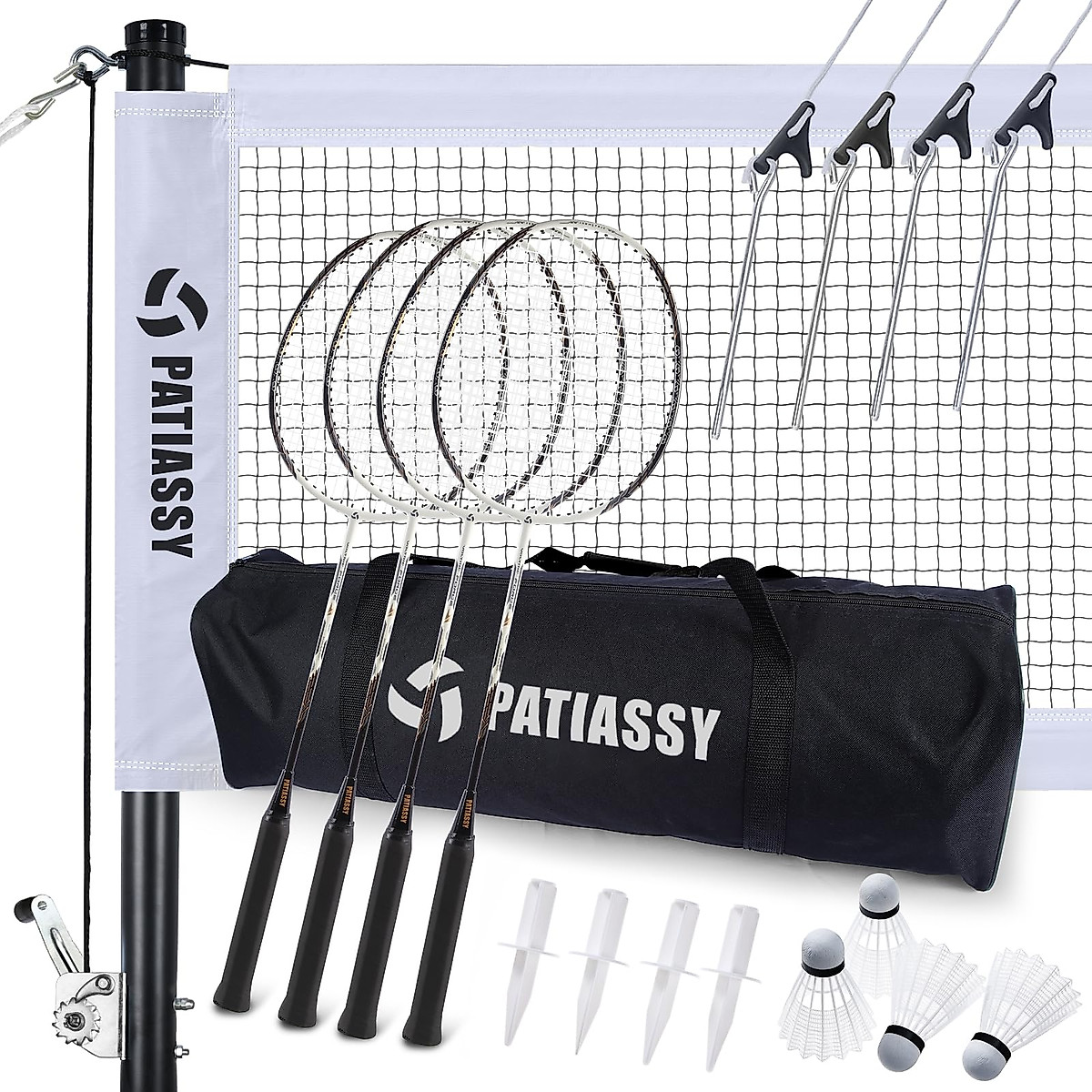 Patiassy Professional Badminton Set with Carbon Aluminum Badminton Rackets Set of 4, Outdoor Portable Badminton Net with Winch System, 2 Goose Feather Badminton Shuttlecocks, Boundary and Carrying Bag