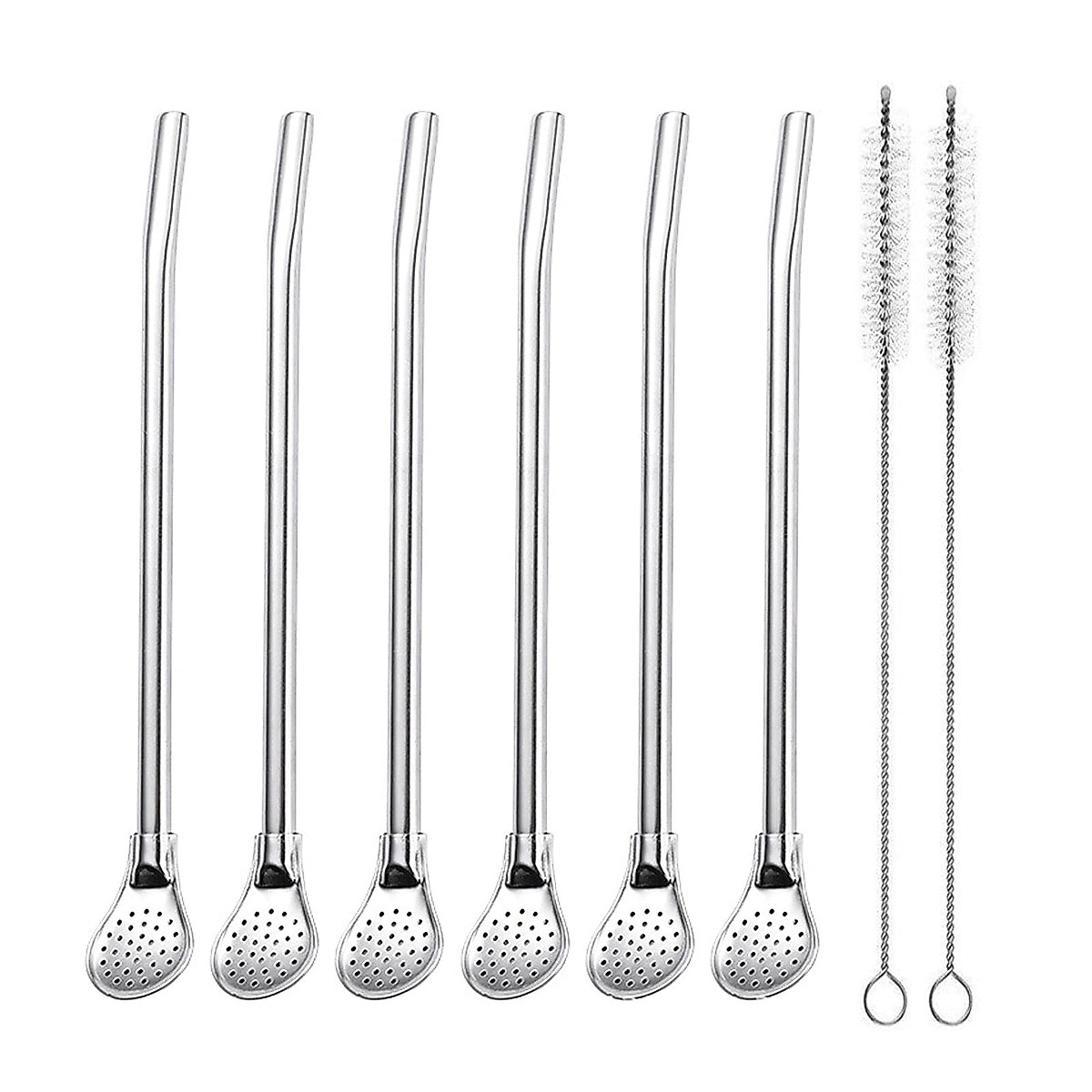 EvaGO Reusable Stainless Steel Drinking Straws with Filter Spoon 6 Pieces Yerba Mate Tea Bombilla Drinking Straws with 2 Pieces Cleaning Brushes Set, 7.1inch Long