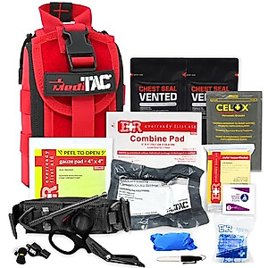 MediTac IFAK Molle - Eagle Type Tactical Trauma Kit Feat. Rip-Away Velcro Fastener, SOF Tourniquet, Celox Hemostatic Granules and Pressure Bandage, Bleeding Control Kit - Red