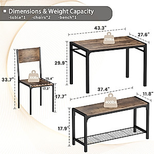 JUMMICO 43.3" Dining Table Set for 4, Kitchen Table with Bench & 2 Chairs Modern Rectangular Metal Frame Dining Furniture Set for Small Space (Rustic Brown)