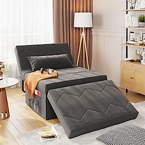 4 in 1 Sleeper Chair, Convertible Sleeper Sofa with Hide a Bed Chair, Sleeper Chairs for Adults, Ottoman Bed Sleeper with Adjustable Backrest for Living Room Apartment Office, Dark Grey