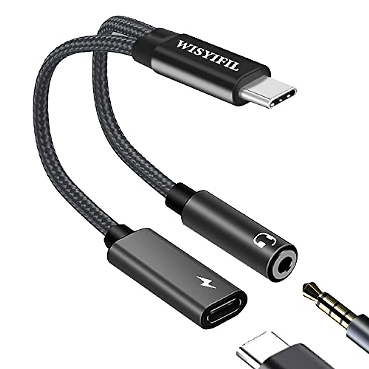WISYIFIL 384KHZ/32bit PD 60W USB C Audio and Charger Splitter, Type C to 3.5mm Headphone and Charger Adapter, Galaxy S21/S22 Adapter for aux and Charger-Black