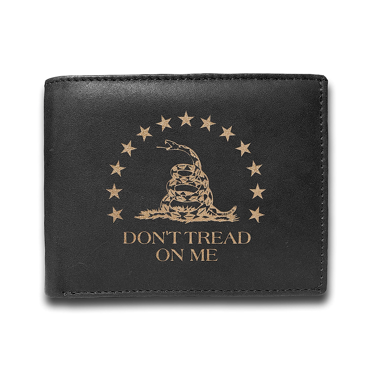 Don't Tread On Me Live Free or Die Cowhide Leather Laser Engraved Engraving Slimfold Mens Large Capacity Luxury Wallet Purse Minimalist Sleek and Slim BLACK Credit Card Holder Organizer 14 Pockets