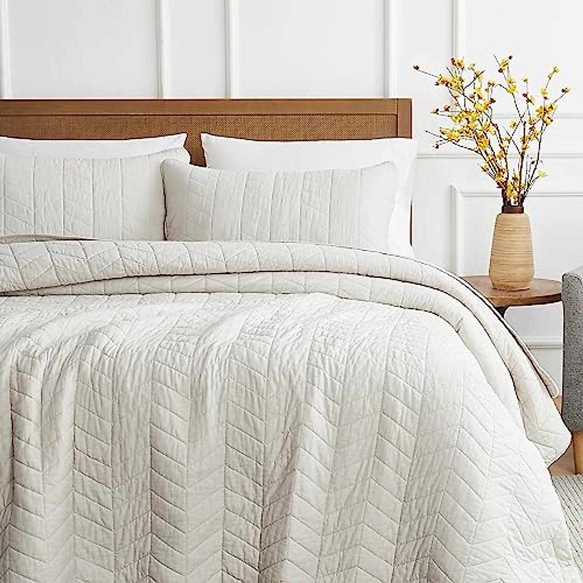 Beige 100% Cotton Quilt California Cal King Size Bedding Sets with Pillow Shams, White Oversized Lightweight Soft Bedspread Coverlet, Tan Cream Bed Cover for All Season, 3 Pieces, 118x106 inches