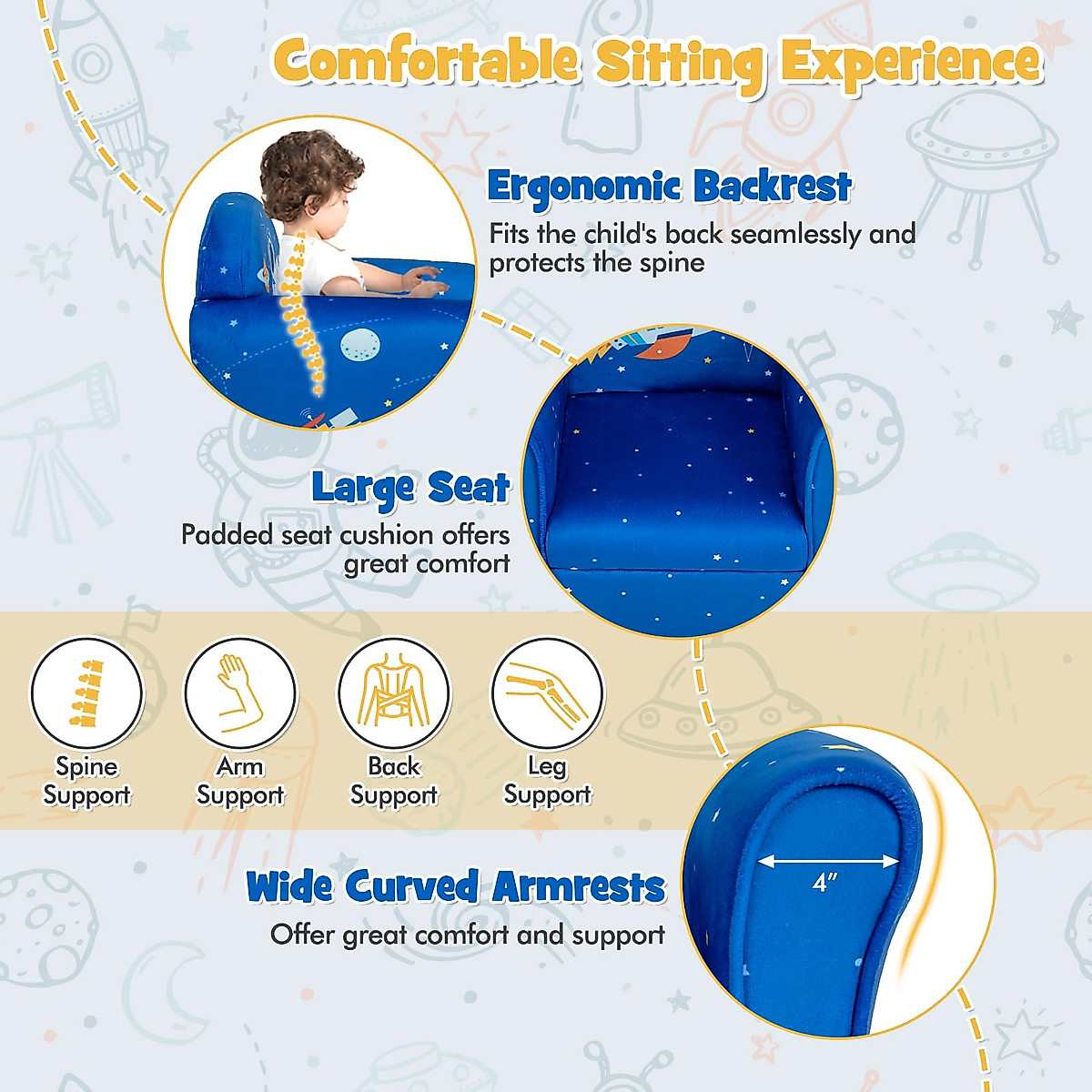 Costzon Kids Couch, Children's Sofa Armrest Chair with Pattern, Toddler Furniture w/Sturdy Wood Construction, Preschool, Lightweight Kids Couch Sofa Chair for Aged 1-5 Boys & Girls Gifts, Rocket