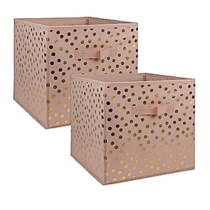 DII Non Woven Storage Collection Polka Dot Collapsible Bin Large Set, 13x13x13" Cube, Pink & Gold, 2 Piece