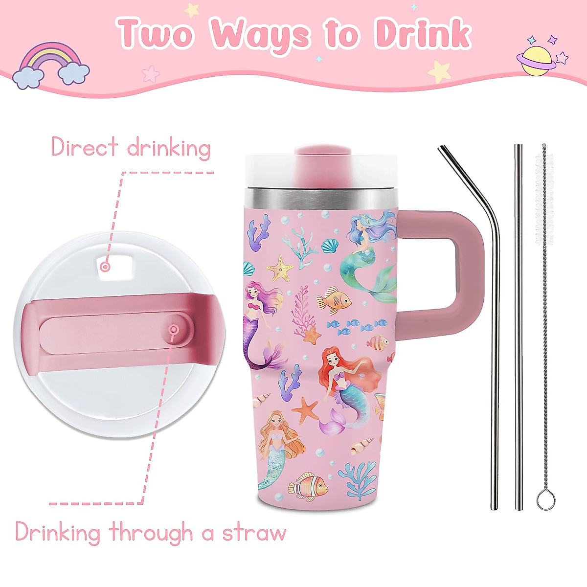 Mermaid Gifts for Girls, Little Mermaid Tumbler with Handle and Straw for Kids 14 oz, Mermaid Gifts for Ocean Lover, Insulated Stainless Steel Mermaid Cup, Mermaid Birthday Gifts for Toddlers Girls
